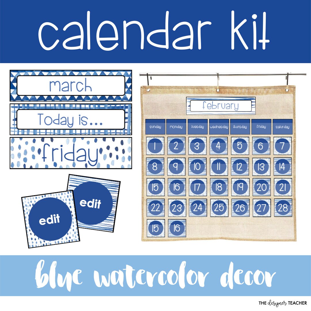 Editable Classroom Calendar Kit With Blue Watercolor Theme - Etsy Australia