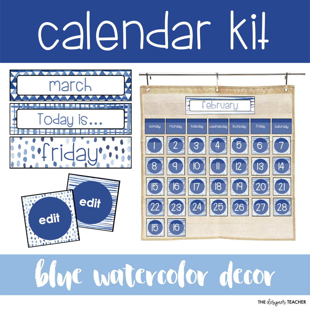 Editable Classroom Calendar Kit With Blue Watercolor Theme - Etsy