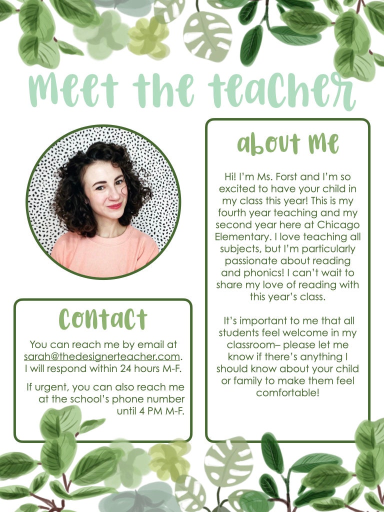 Plant Theme Editable Meet the Teacher Template for Back to School ...