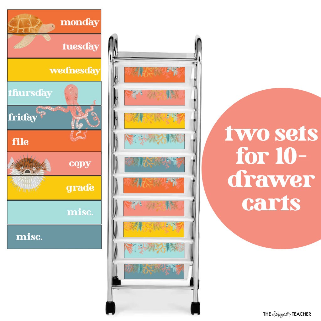 Ocean Under the Sea Editable Rolling Cart Labels for 10 and 12 Drawer ...