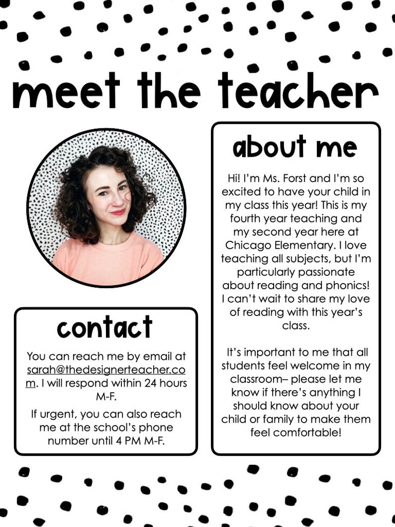 Editable Back to School Meet the Teacher Template Black & White ...