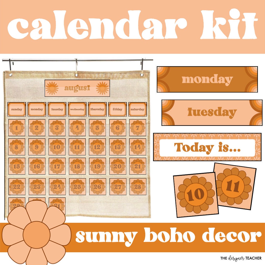 Editable Classroom Calendar Kit | Sunny Boho Retro Groovy Neutral Theme ...