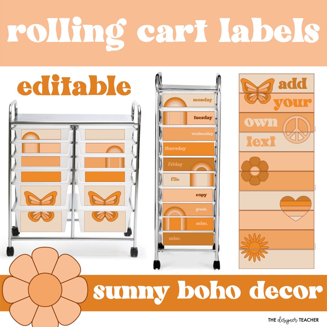 Editable Classroom Rolling Cart Labels and Organizers | Sunny Boho ...
