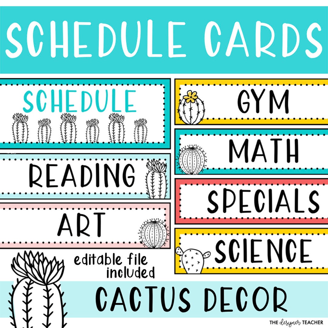 Editable Schedule Cards With Bright Cactus Theme | Classroom Teacher ...