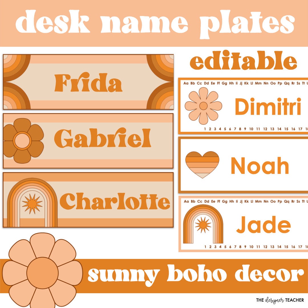 Editable Sunny Boho Retro Classroom Desk Name Plates - Etsy