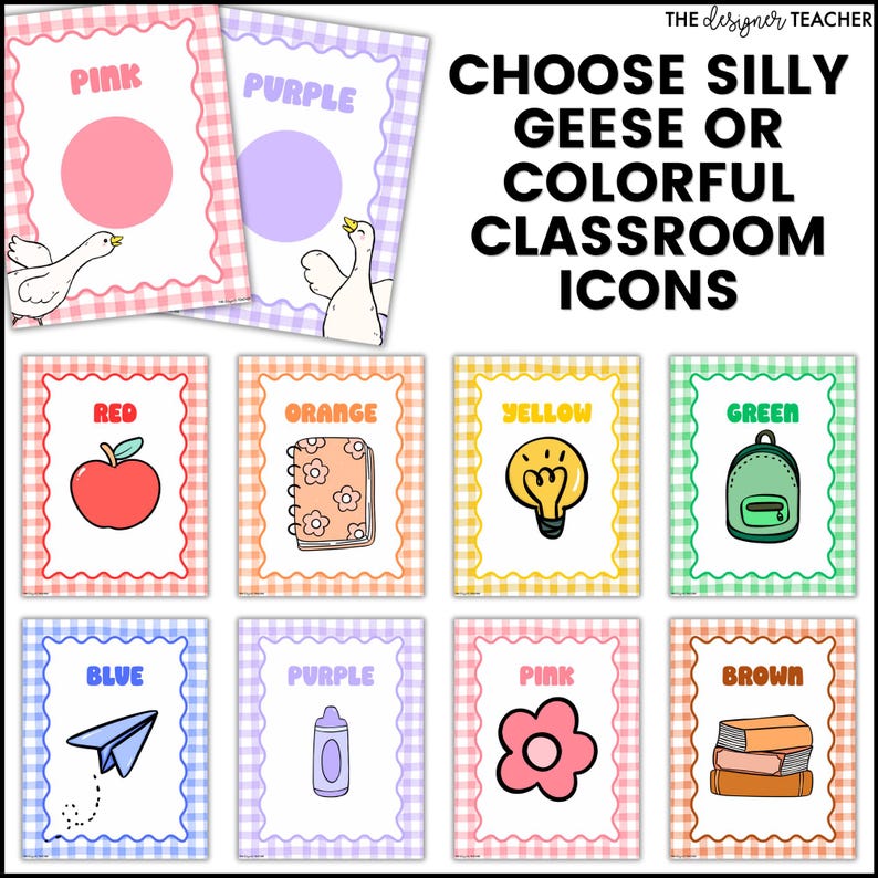 Editable Classroom Color Word Posters | Silly Goose Theme Gingham Wall ...
