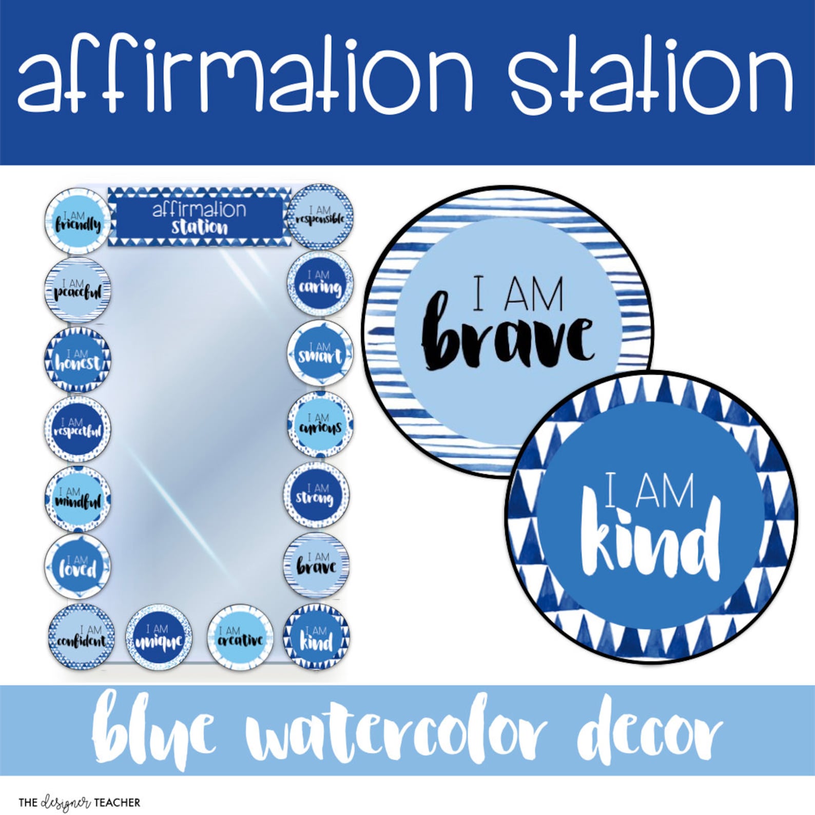 Blue Watercolor Affirmation Station Mirror Display Calming Classroom ...