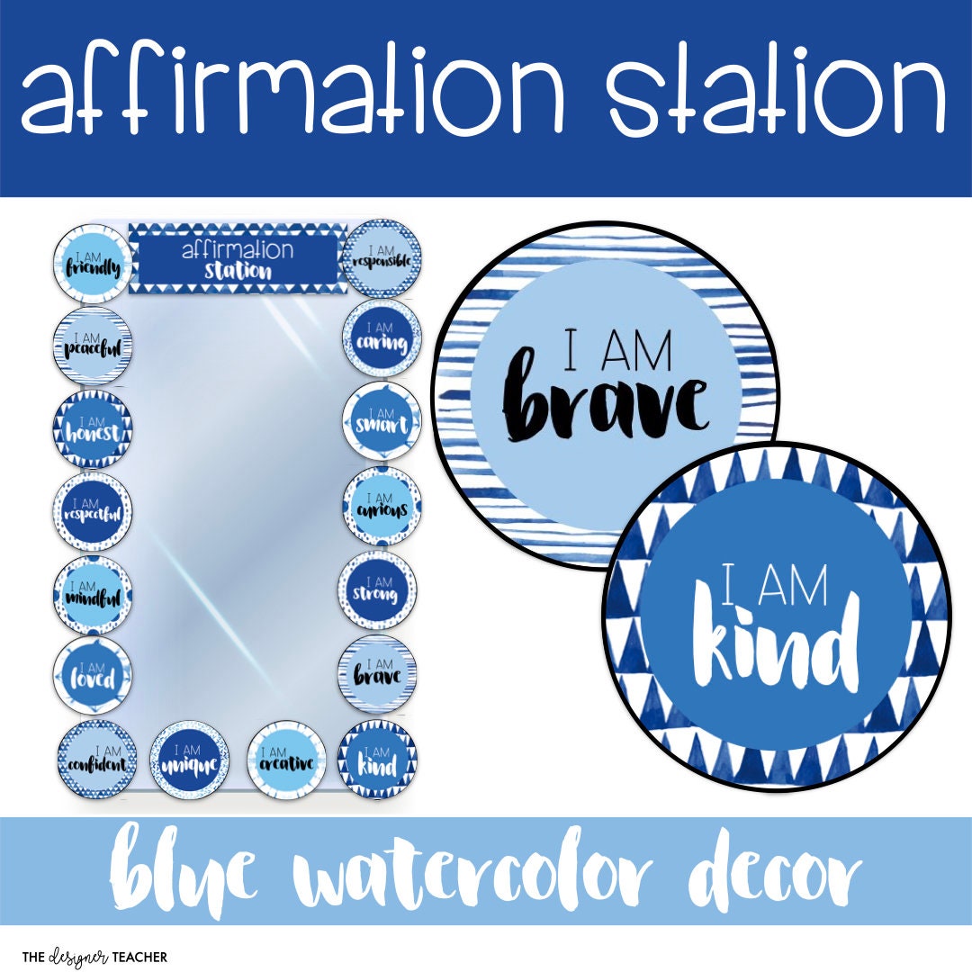 Blue Watercolor Affirmation Station Mirror Display Calming Classroom ...