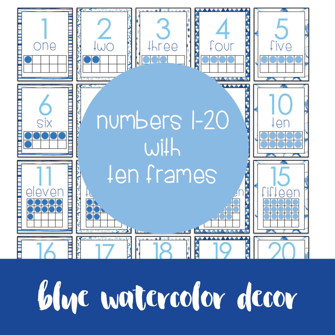 Number Posters 1-20 With Ten Frames in Blue Watercolor Theme - Etsy