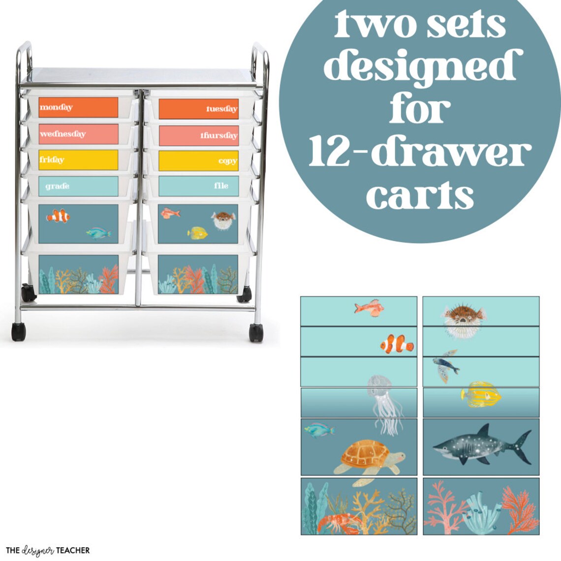 Ocean Under the Sea Editable Rolling Cart Labels for 10 and 12 Drawer ...