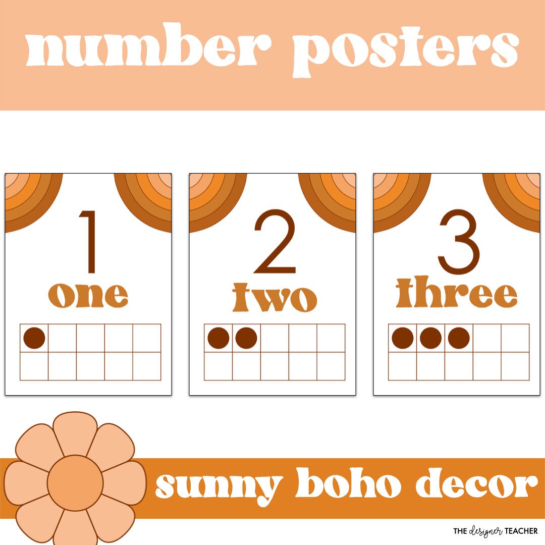 Sunny Boho Retro Theme Printable Classroom Number Posters 1-20 With Ten ...