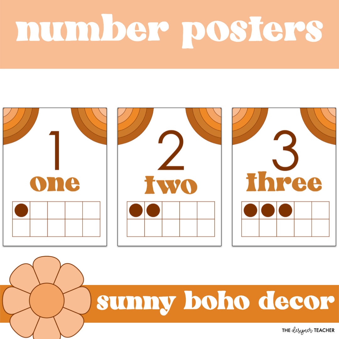 Sunny Boho Retro Theme Printable Classroom Number Posters 1-20 With Ten ...