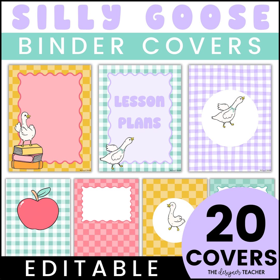 Silly Goose Theme Editable Binder Covers & Spines | Gingham Checkered ...