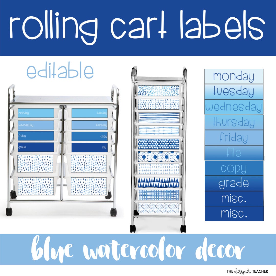 Blue Watercolor Editable Rolling Cart Labels for 10 and 12 Drawer Carts ...