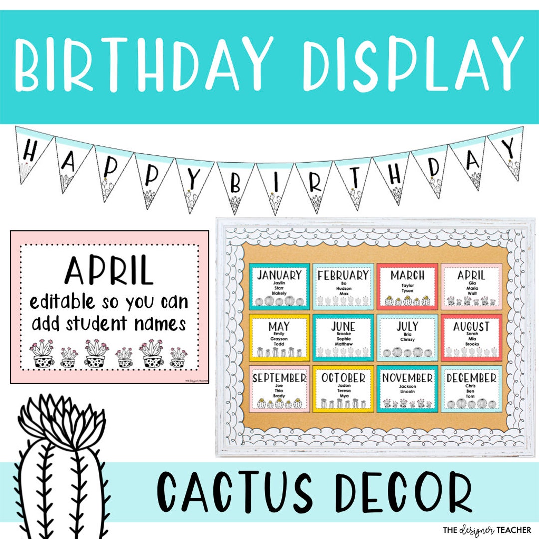 Editable Classroom Birthday Bulletin Board Display With Cactus Theme - Etsy