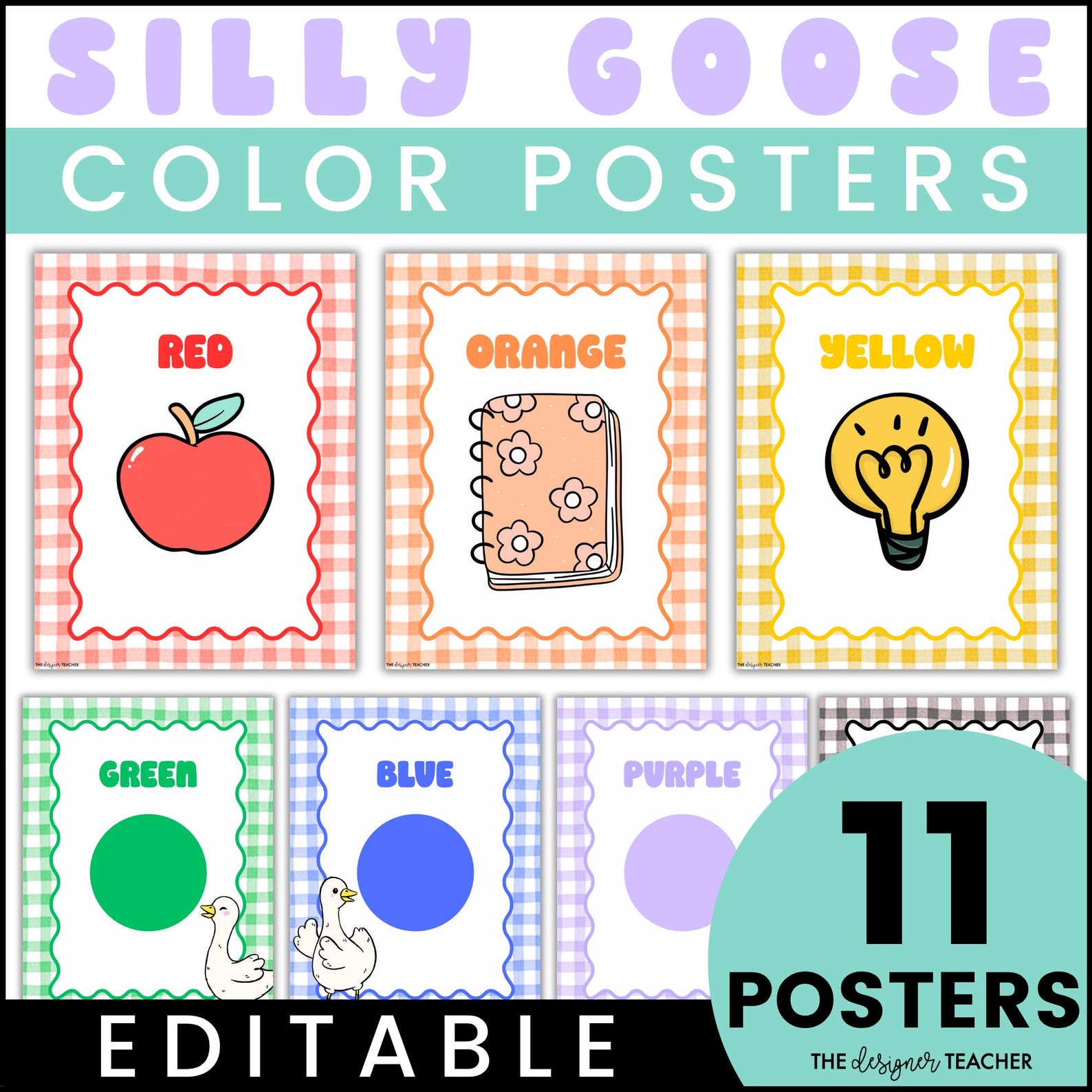 Editable Classroom Color Word Posters | Silly Goose Theme Gingham Wall ...