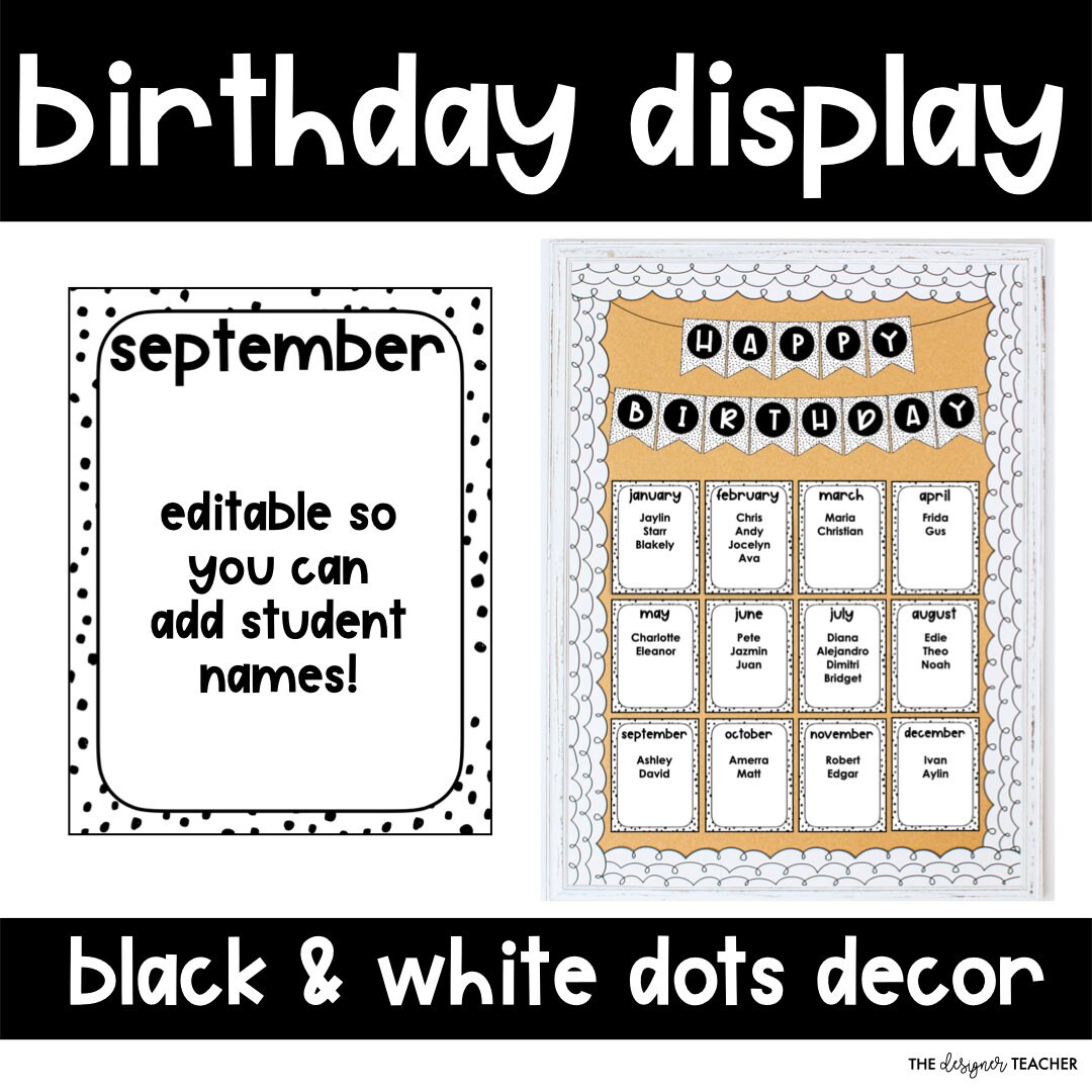Editable Classroom Birthday Bulletin Board Display With Black & White ...