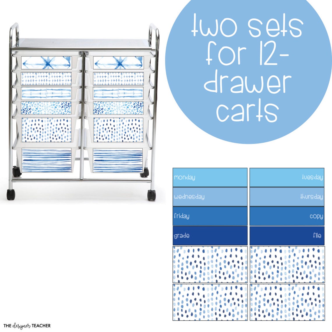 Blue Watercolor Editable Rolling Cart Labels for 10 and 12 Drawer Carts ...