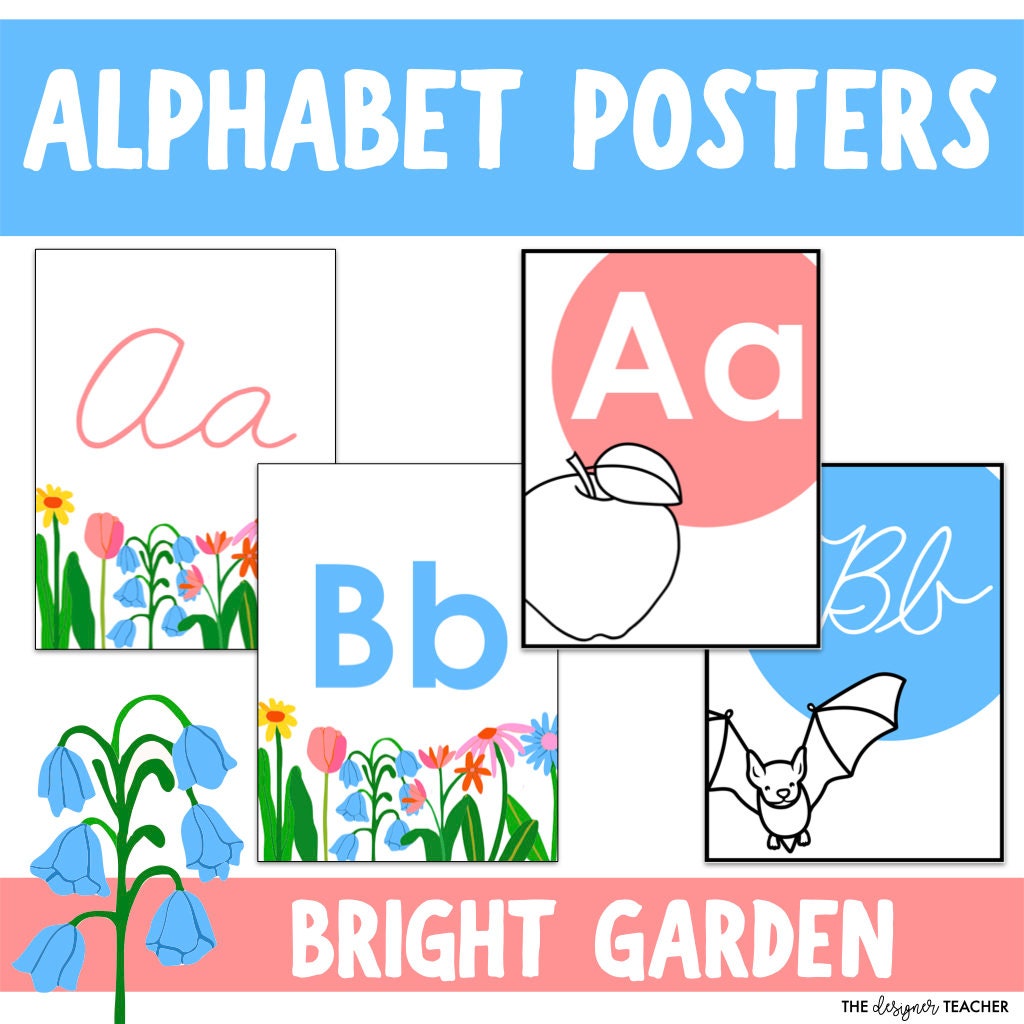 Bright Garden Classroom Alphabet Posters Print, Cursive & Picture Cues ...