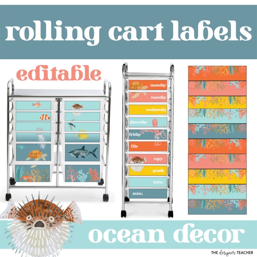Ocean Under the Sea Editable Rolling Cart Labels for 10 and 12 Drawer ...