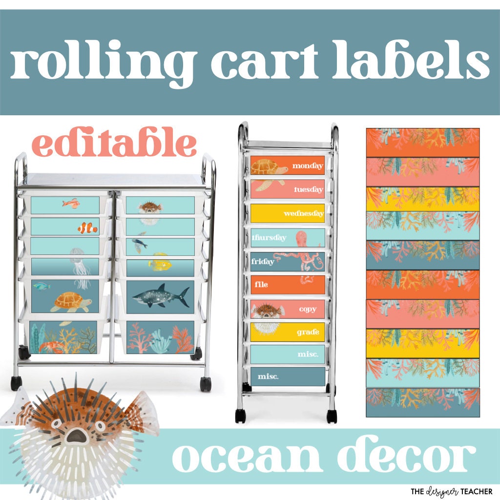 Ocean Under the Sea Editable Rolling Cart Labels for 10 and 12 Drawer ...