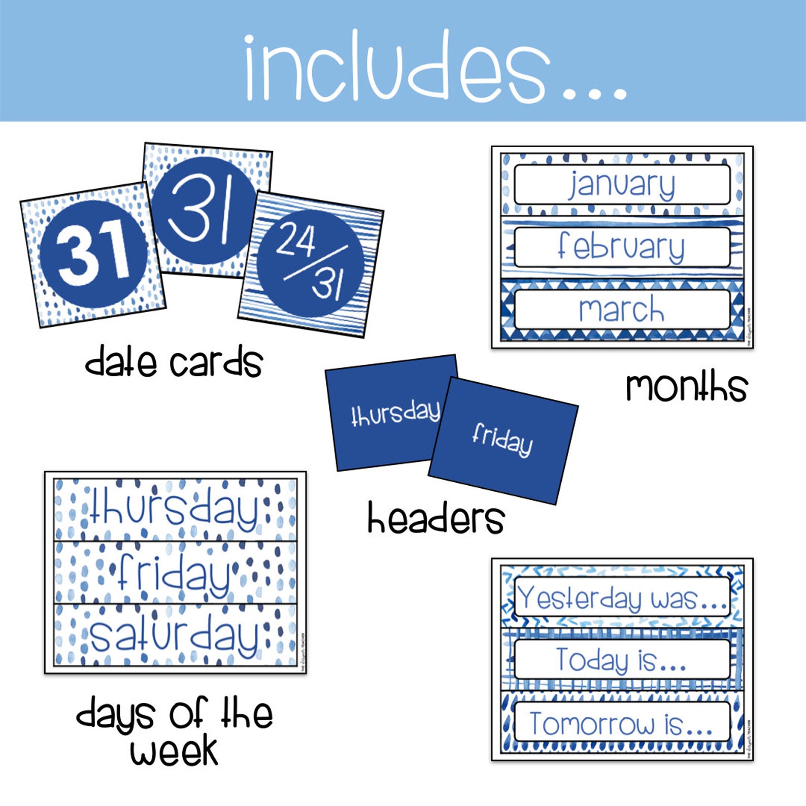 Editable Classroom Calendar Kit | Blue Watercolor Theme Pocket Chart ...