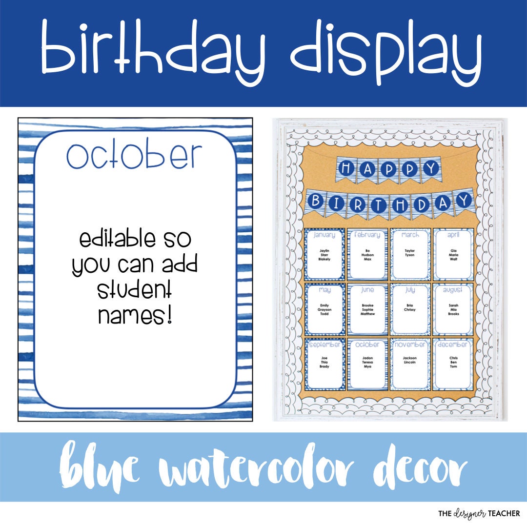 Editable Classroom Birthday Bulletin Board Display With Blue Watercolor ...
