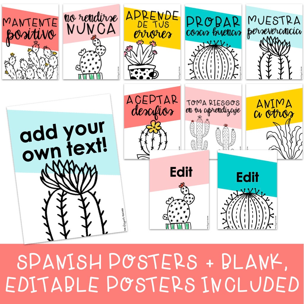 Editable Cactus Growth Mindset Classroom Posters: English and Spanish ...