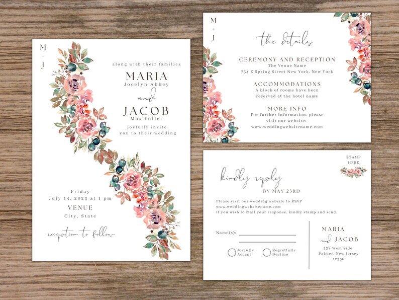 Elegant Wedding Invitation Editable Set (5x7) | Includes Enclosure ...