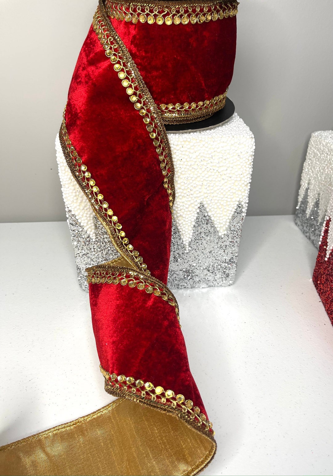 Red Velvet Jeweled Ribbon High End Christnas Holiday Ribbon Craft and ...