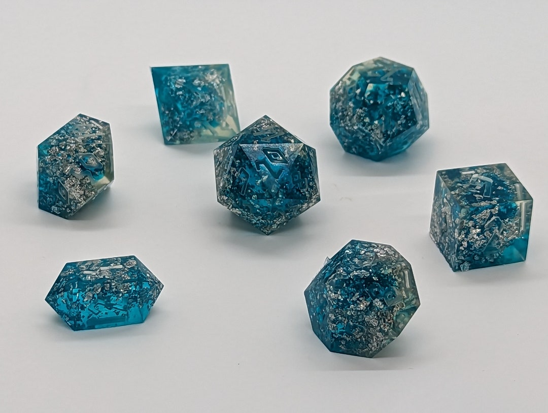 Turquoise Blue With Silver Foil Dice Set 7 Polyhedral Dice Crystal D4 ...