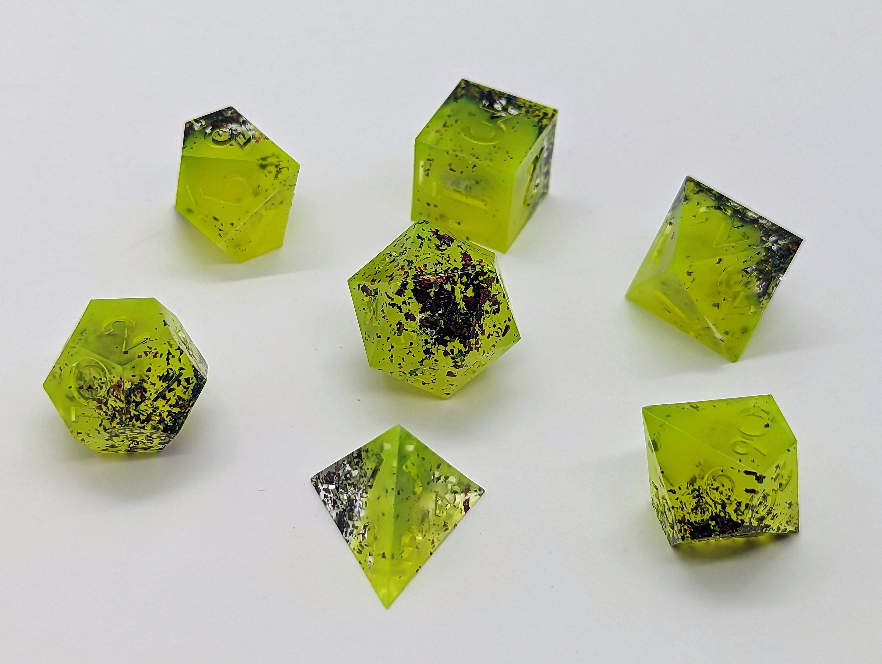 Neon Yellow Green and Dark Color Shift Foil Dice Set 7 Polyhedral Dice ...