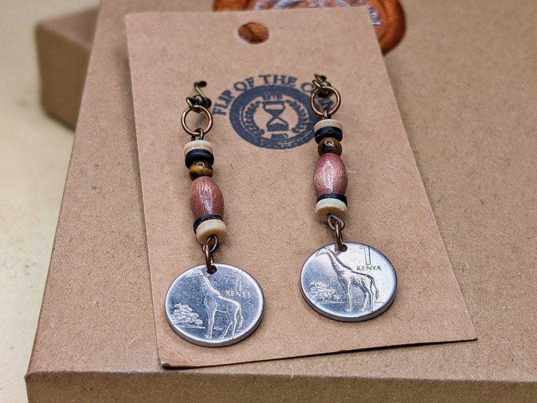 Kenyan 1 Shilling Coin Earrings With Wood & Tiger Eye Beads - Etsy
