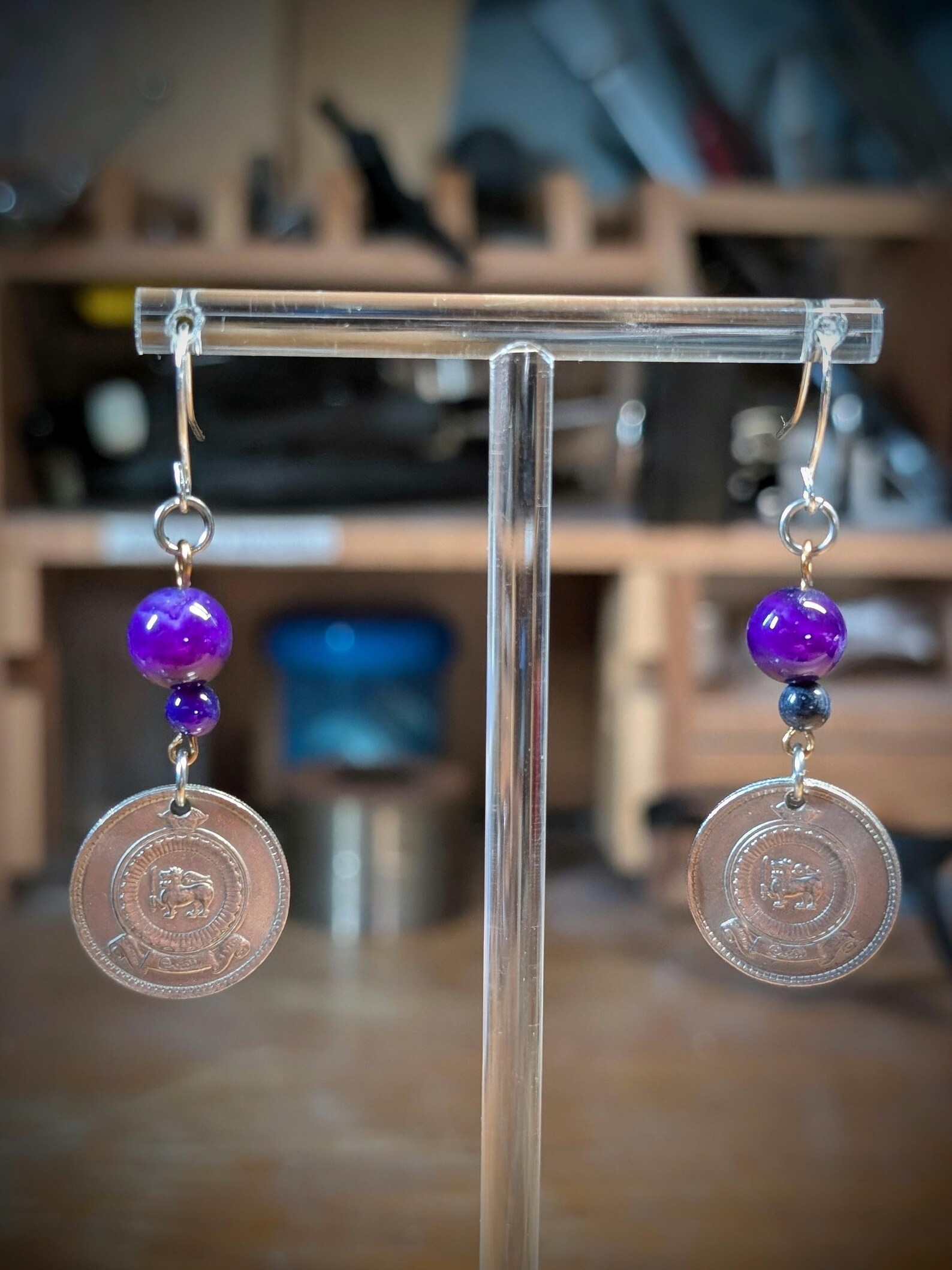 Sri Lankan Coin Earrings – Vintage 25 Cent, Purple Agate Beads - Etsy