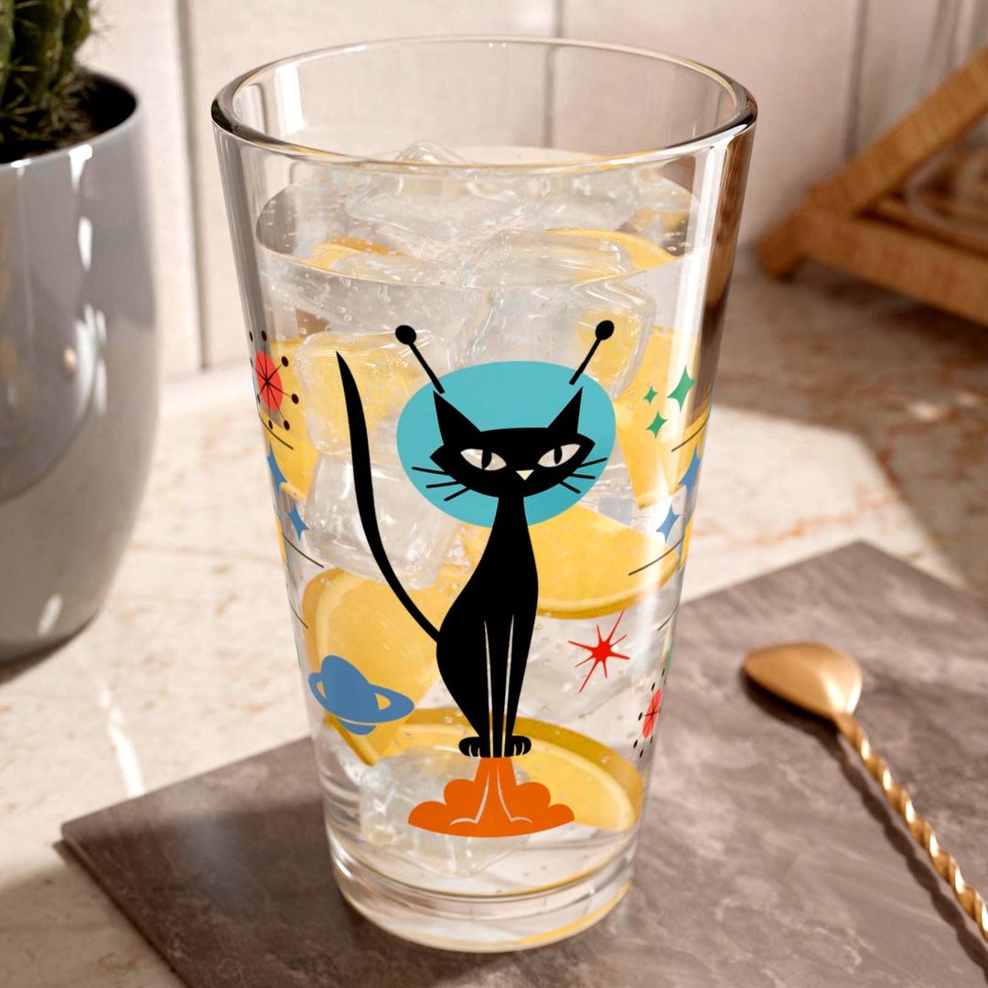 Atomic Space Black Cat | Pint Glass 16oz | Mid Century Modern Cocktail ...