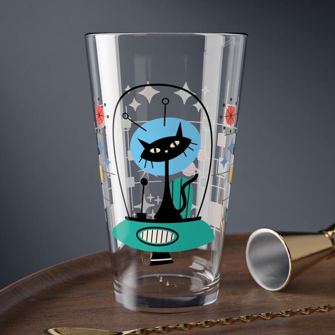 Atomic Space Black Cat | Pint Glass 16oz | Mid Century Modern Cocktail ...