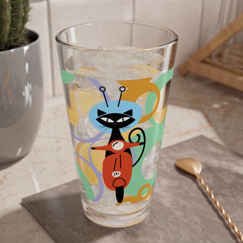 Atomic Space Black Cat | Pint Glass 16oz | Mid Century Modern Cocktail ...