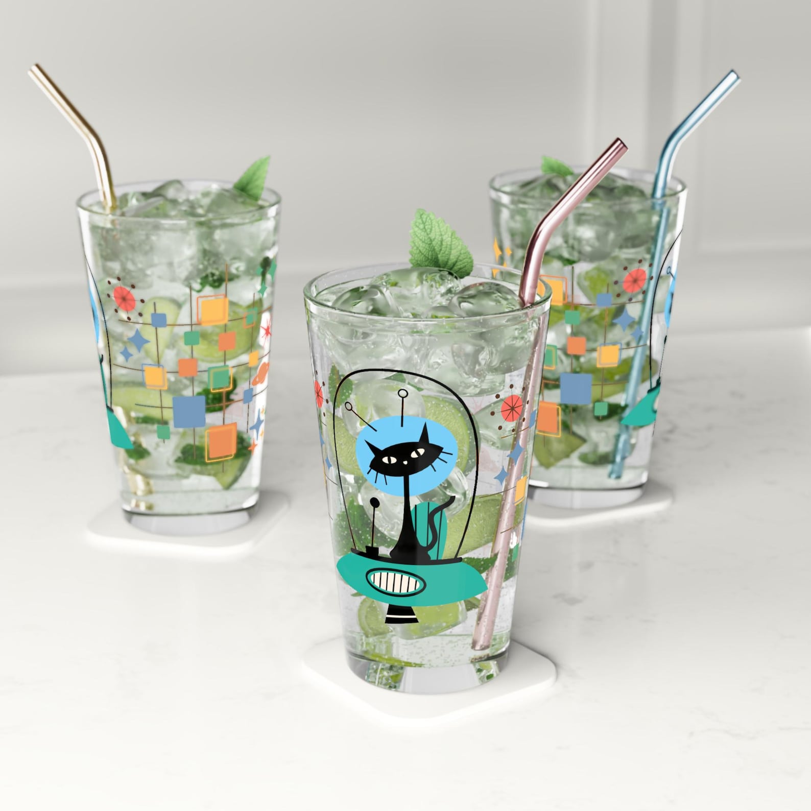 Atomic Space Black Cat | Pint Glass 16oz | Mid Century Modern Cocktail ...