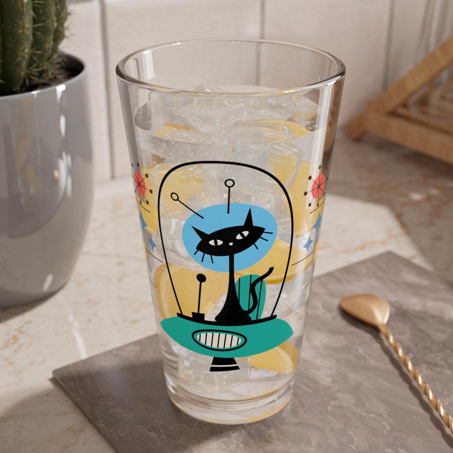 Atomic Space Black Cat | Pint Glass 16oz | Mid Century Modern Cocktail ...