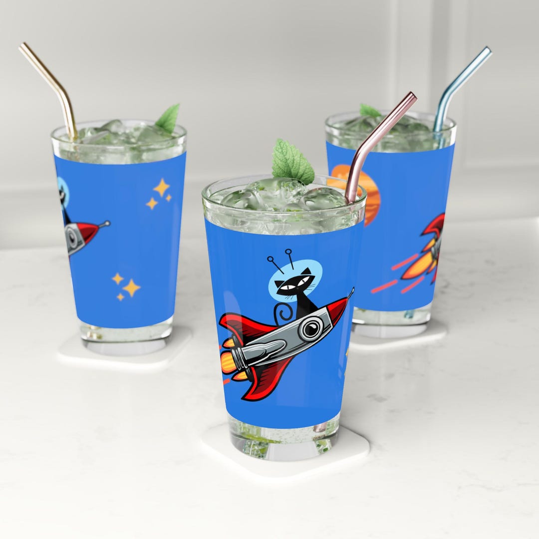 Atomic Space Cat Black | Pint Glass 16oz | Mid Century Modern Cocktail ...