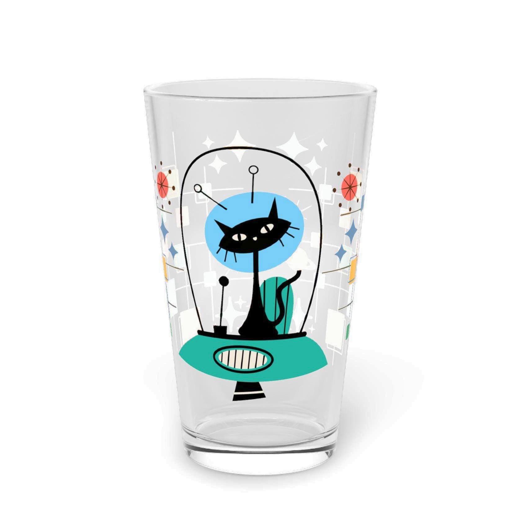 Atomic Space Black Cat | Pint Glass 16oz | Mid Century Modern Cocktail ...