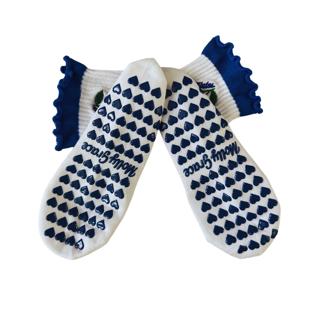 Pilates Cherry Dark Blue Grip Sock With Heart Grips for Pilates, Barre ...