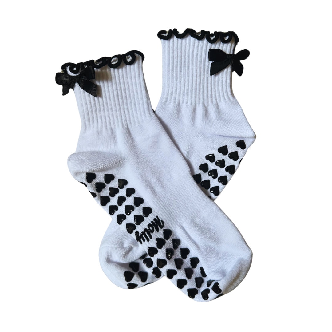 Black & White Bow Grip Socks With Heart Grips for Pilates, Yoga, Barre ...