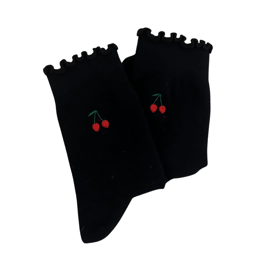 Cherry Embordered Grip Ruffle Grip Sock for Pilates, Barre, Yoga or ...