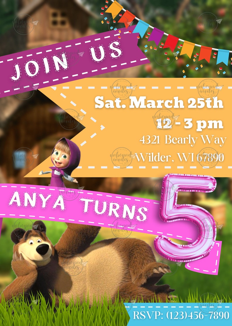Masha And The Bear Birthday Invite Ribbons Etsy