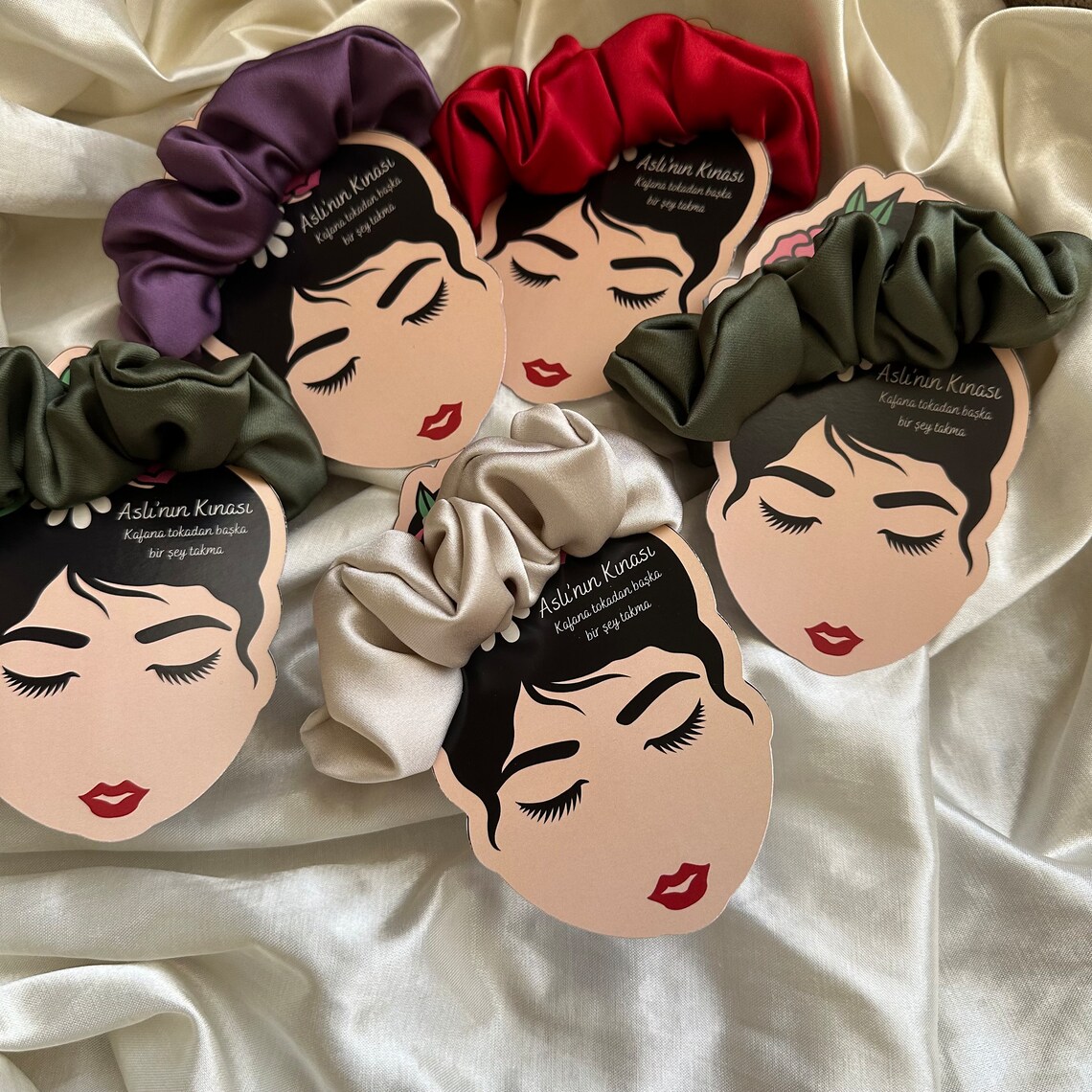 Bridesmaid Satin Scrunchies, Bridesmaid Gifts, Face Tag Hair Scrunchies ...