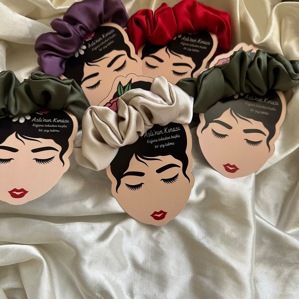 Bridesmaid Satin Scrunchies, Bridesmaid Gifts, Face Tag Hair Scrunchies ...