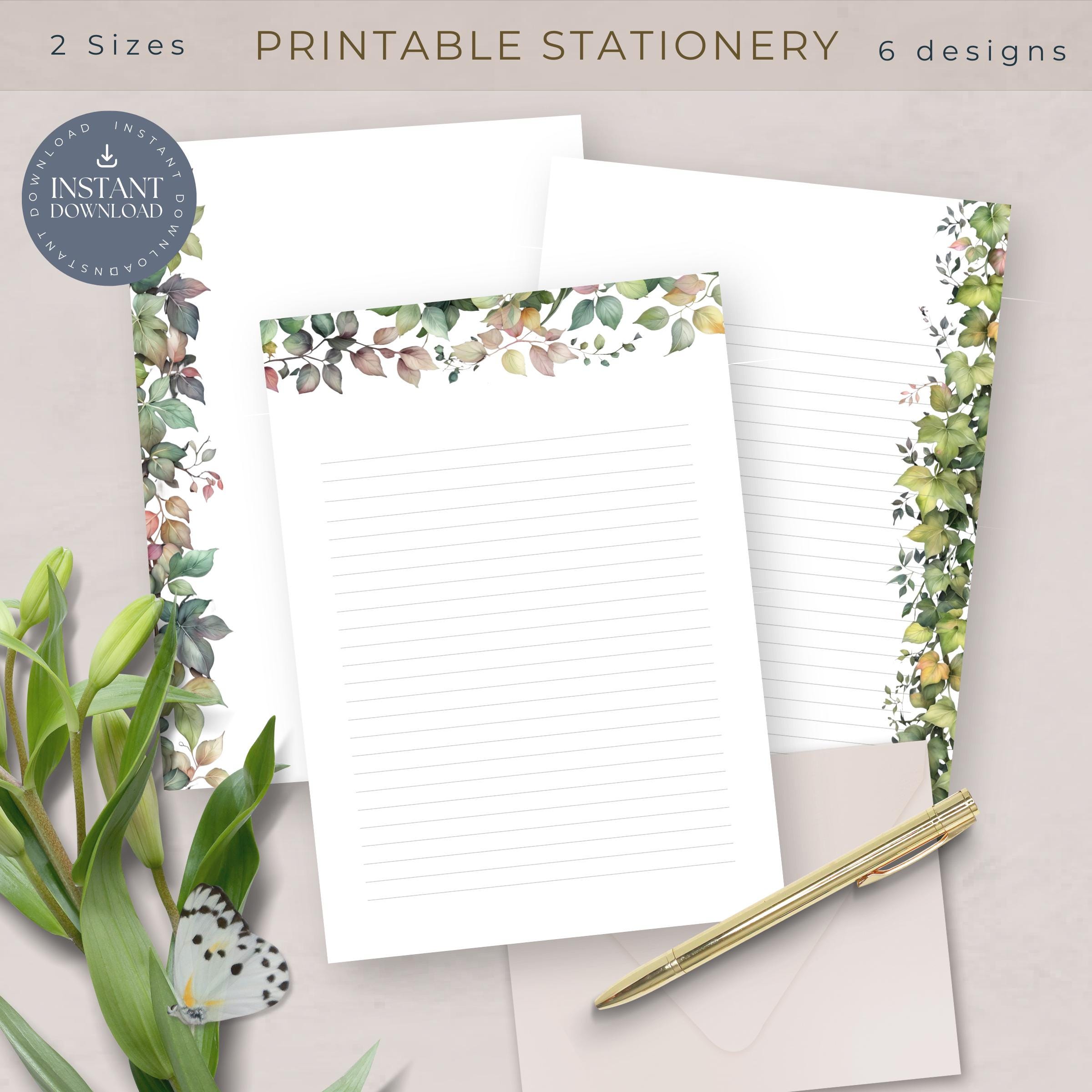 Foliage Vine Printable Stationery Set, Lined Unlined Writing Set ...