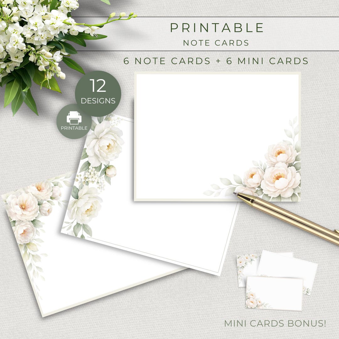 White Peony Blank Note Cards, Soft Pastel Printable Set for Romantic ...