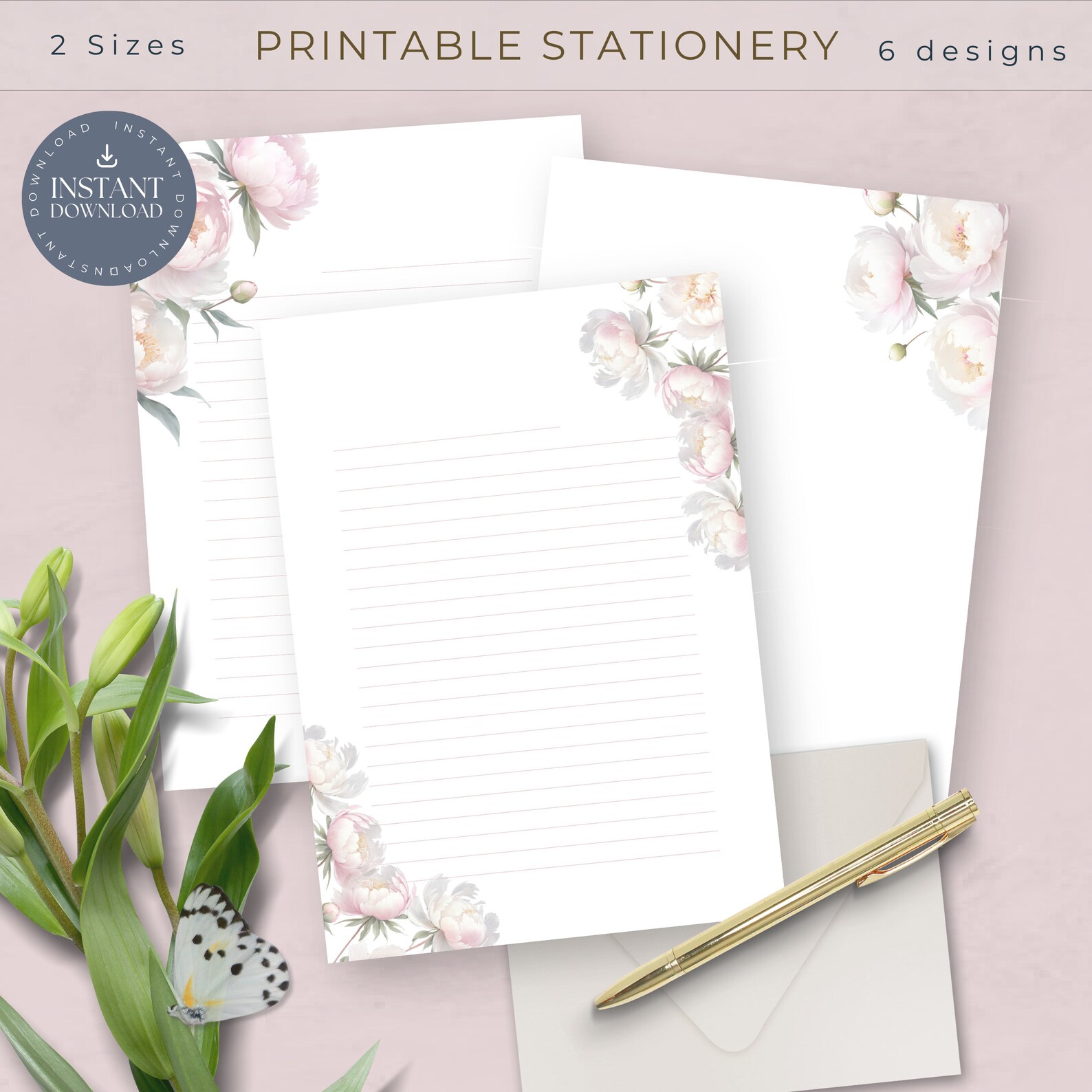 Peony Snail Mail Printable Writing Paper, Lined Stationery Paper, Pen ...